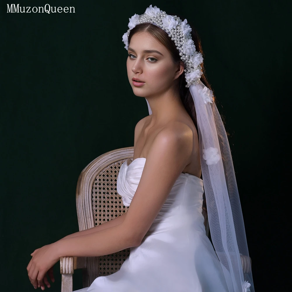 MMQ-M121-Bridal-Wedding-Headband-Fishbone-Flower-Pearl-Decor-With-White-Cream-Veil-Adjustable ...