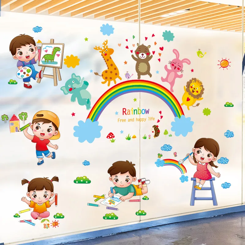 Cartoon Children Wall Stickers Vinyl DIY Animals Clouds Rainbow Mural ...