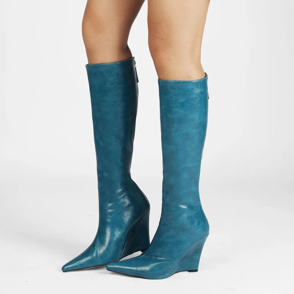 Pereira Blue Back Zipper Wedges High Heel Boots Knee High Pointy Toe Shoes for Women High Heels ...