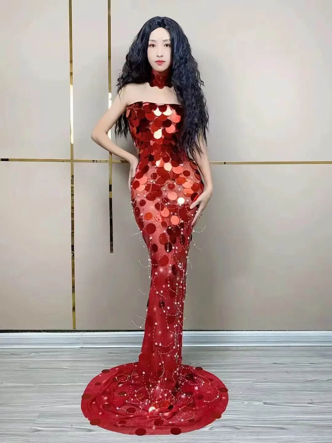 Full-Rhinestones-Evening-Dresses-Women-Red-Mirrors-Pearls-Dress-Singer ...