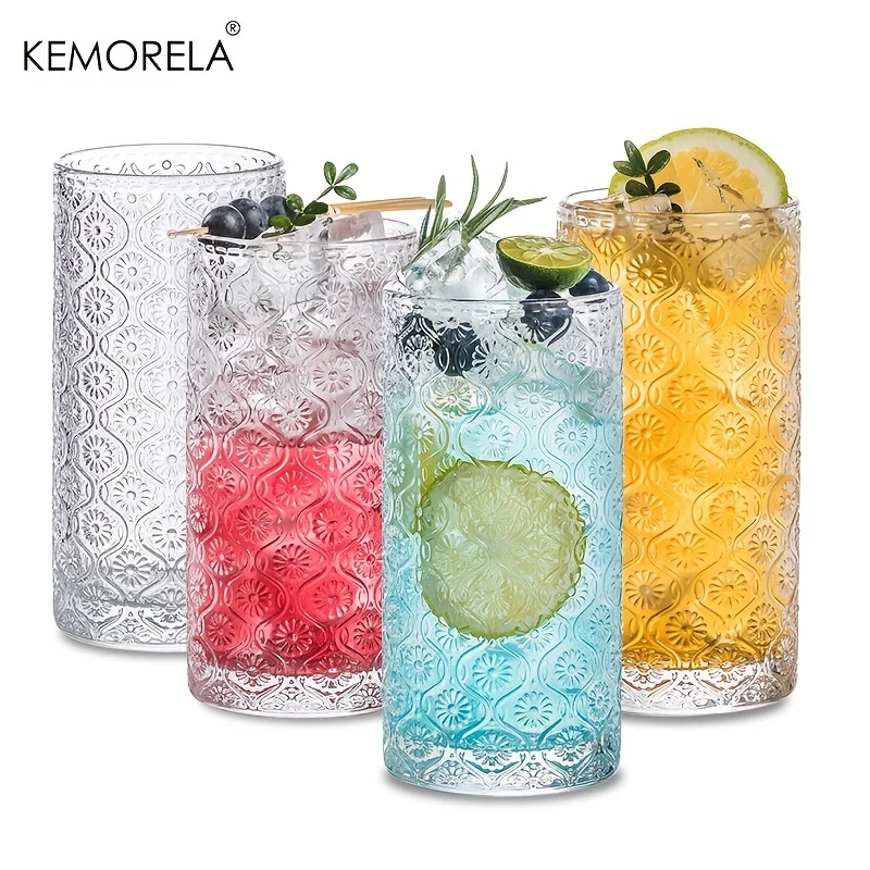 4PCS-400ML-Round-Glass-Cups-Vintage-Glassware-Embossed-Pattern-Style ...