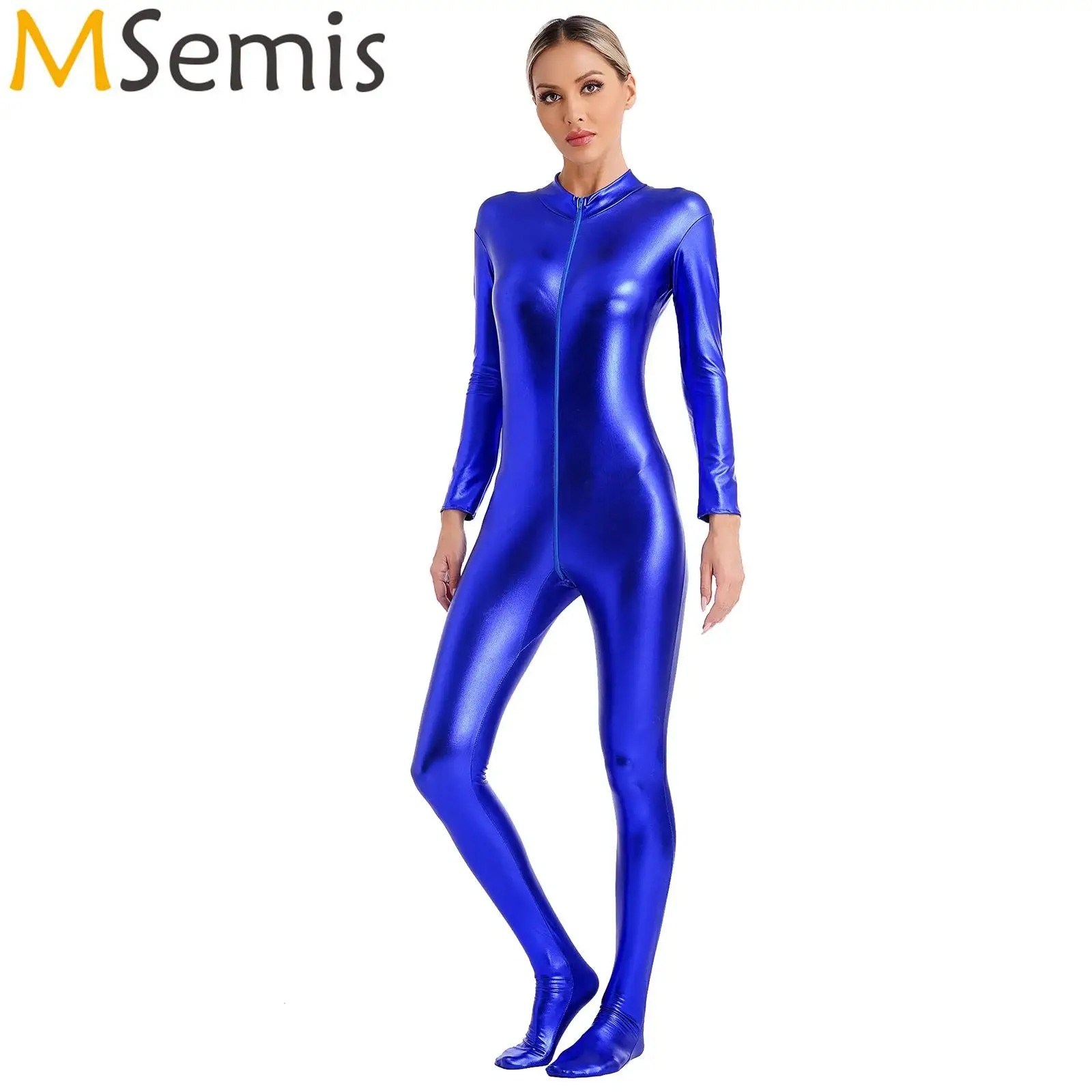 Womens Metallic Shiny Zentai Jumpsuit Mock Neck Long Sleeve Front ...