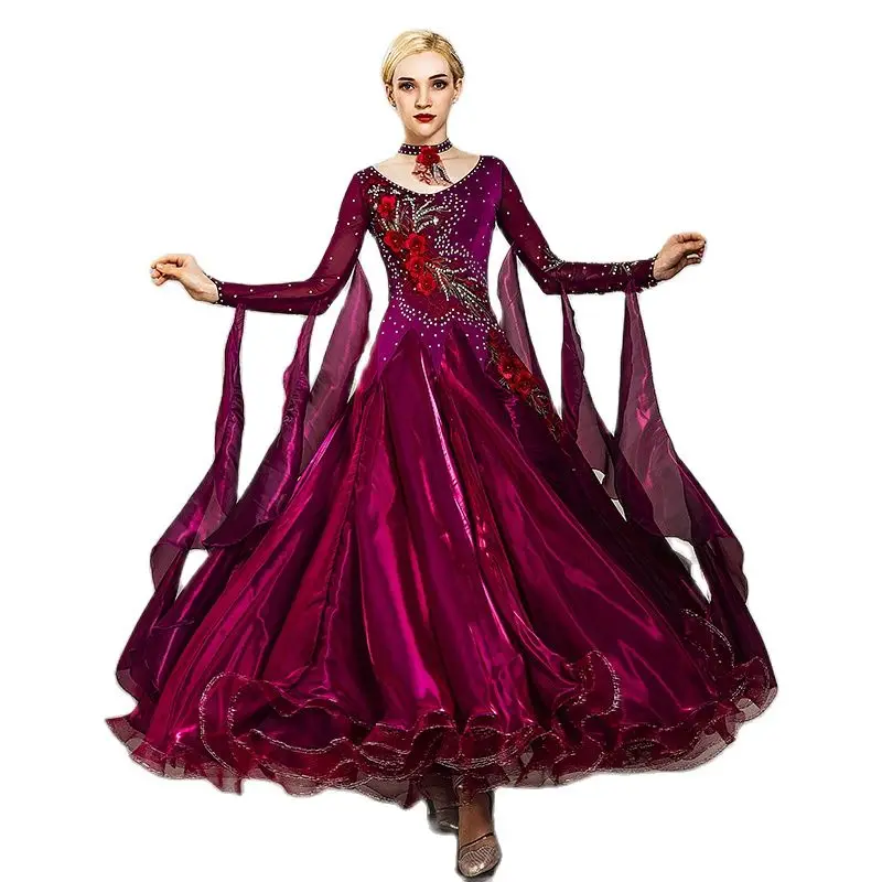 Dark Red Standard Ballroom Dress For Competition Viennese Waltz Dress ...