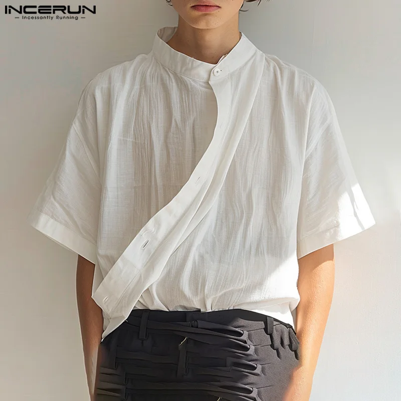 INCERUN-2024-Cotton-Shirts-Summer-Tops-Men-Stand-Collar-Button-Down ...