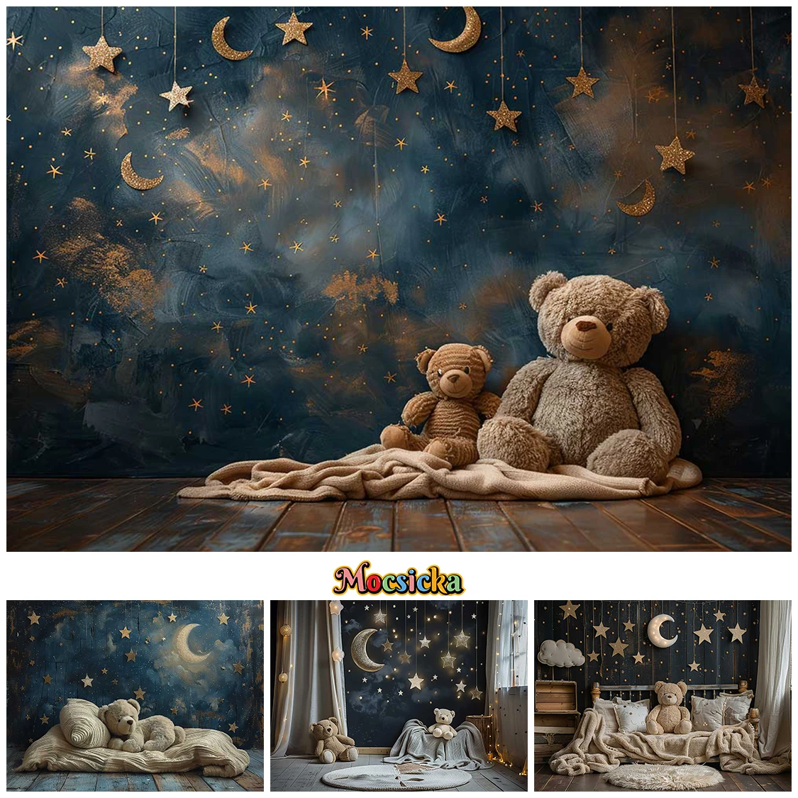 Starry Bear Photography Background Baby Shower Star Moon Dark Blue Wall ...