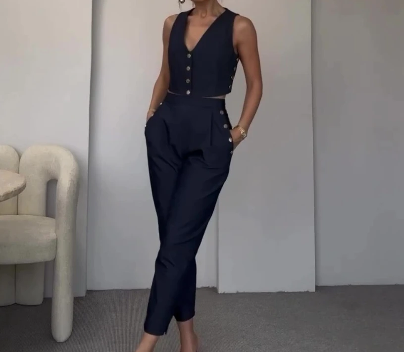 Pant-Set-2024-Summer-Women-s-Solid-Color-Elegant-Style-Buckle-Design ...