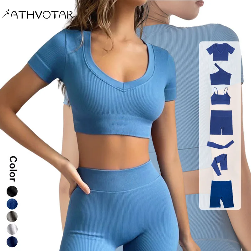 Athvotar Seamless Thread Yoga Set Women's Cropped Top Bra Leggings 2022 2pcs Fitness Push Up ...