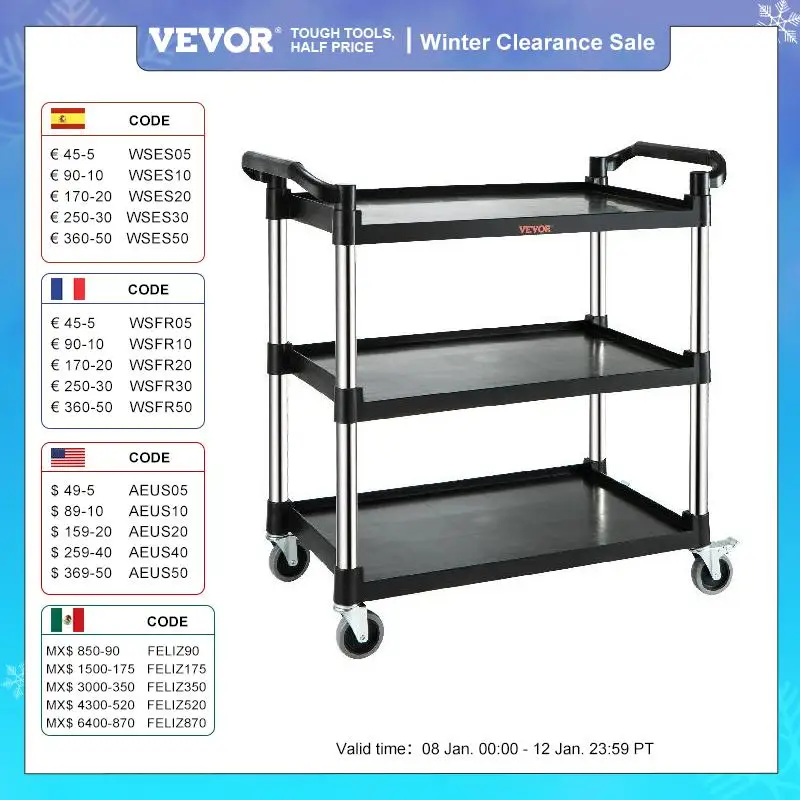 VEVOR-Utility-Service-Cart-3-Shelf-Heavy-Duty-220LBS-Food-Service-Cart ...