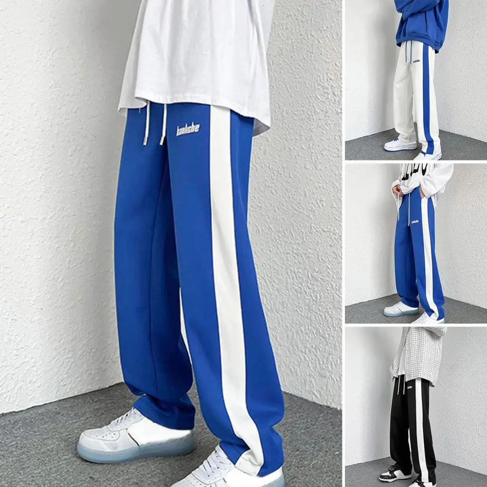 Men Sweatpants Straightforward Contrast Color Elastic Waist Deep Crotch ...
