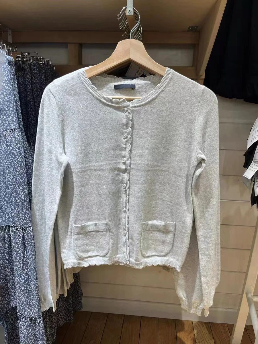 Gray Lace Trim Knitted Sweater Cardigan Women Round Neck Long Sleeve ...