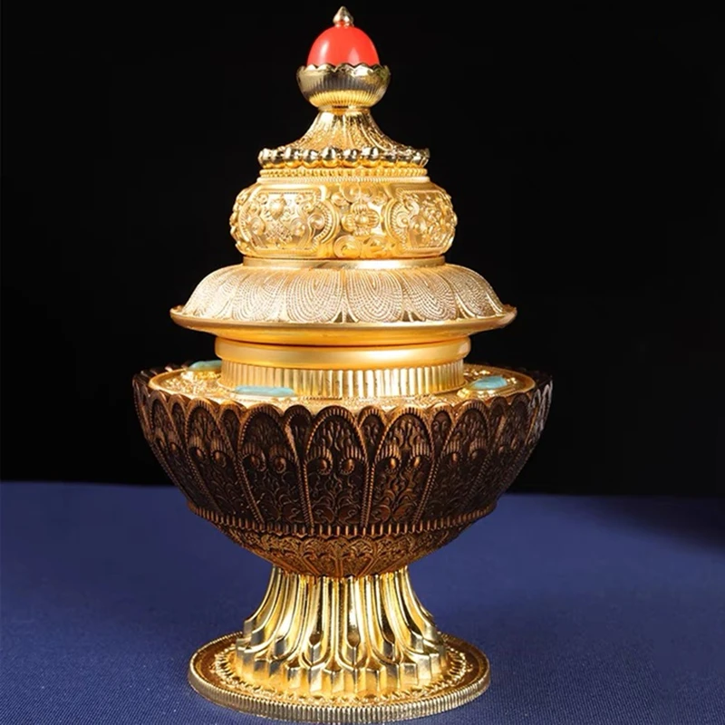 Golden-Tibetan-Inlaid-Gem-Rice-Box-Three-Layers-Tantric-Alloy ...