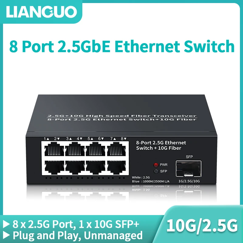 LIANGUO 8 Port 2.5GbE Ethernet Switch 2.5Gbps Network Switcher 1 Port ...