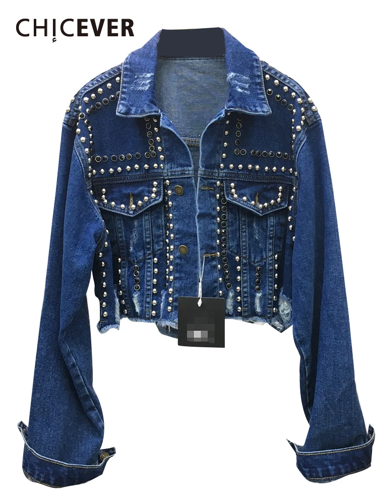 CHICEVER-Patchwork-Rivet-Denim-Jackets-For-Women-Lapel-Long-Sleeve ...