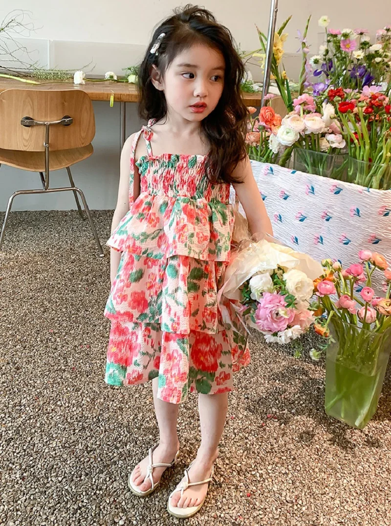 Summer Baby Girls Cotton All-Over Floral Pleat Lace Up Shoulderless ...