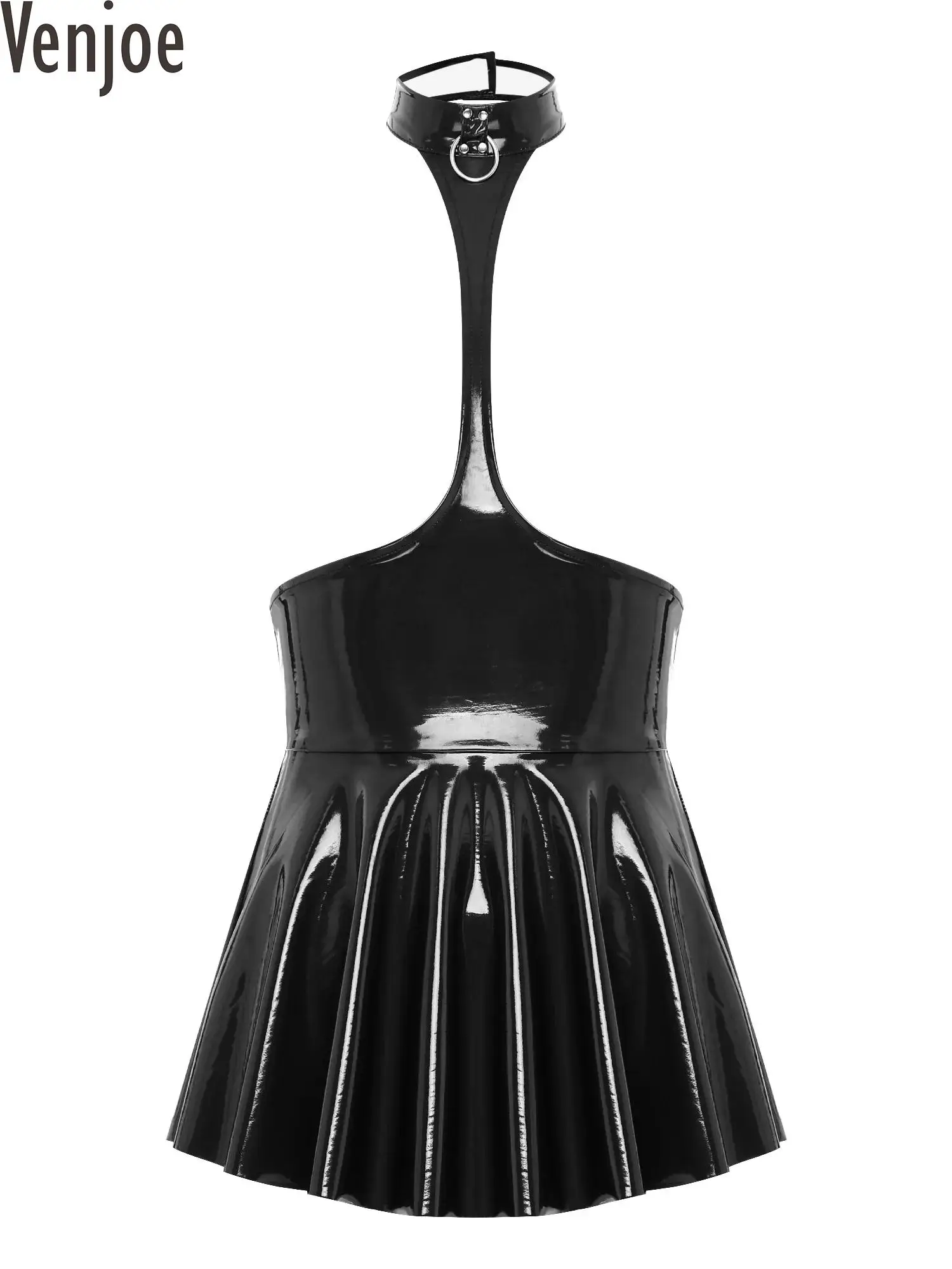 Womens-Halter-Open-Chest-Ruffled-Dress-Wet-Look-Patent-Leather-Mini ...