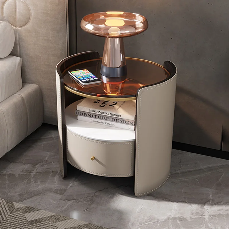 Italian Saddle Leather Round Bedside Table Modern Small Apartment High ...