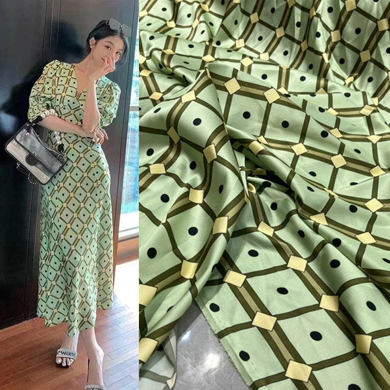 Fashion-Luxury-Geometric-Square-Green-Pattern-100-Silk-Stretch-Satin ...
