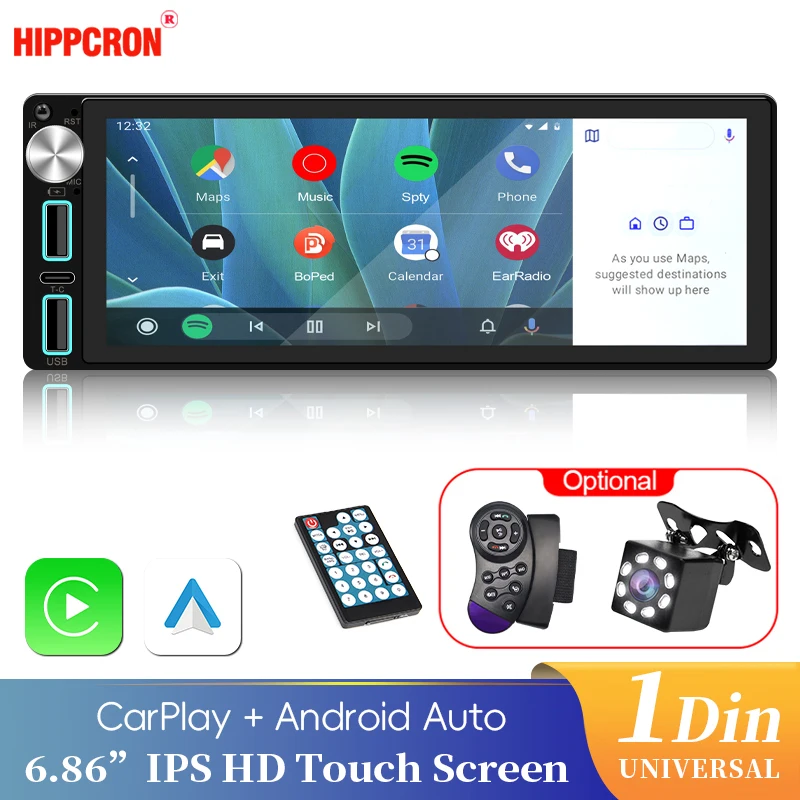 Car Radio 6.86 inch 1 Din Bluetooth Car Autoradio Wired Carplay/Android ...