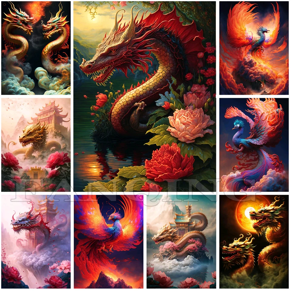 Dragon and Phoenix 5D DIY Diamond Painting Embroidery Fantasy Gothic Artwork Cross Stitch ...