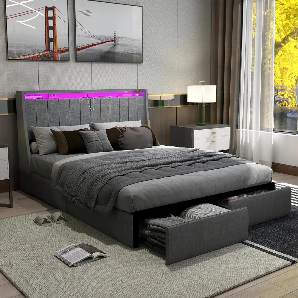 Bed-Frame-LED-Remote-Control-Grey-1-tier-Storage-Headboard-with-2 ...