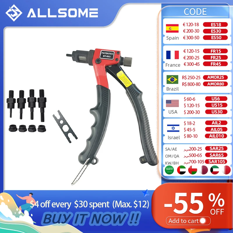 Allsome Bt-603 Manual Riveter Gun Hand Rivet Tool Kit Rivet Nut Setting ...