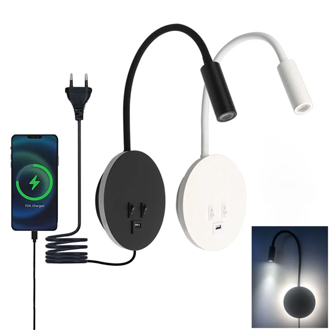 Plug in Cord Gooseneck Wall Sconces with USB Port Switch Backlight ...