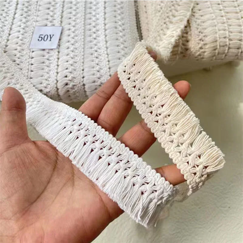 Hilo de algodón Beige blanco de 3,5 CM de ancho, costura de tela de encaje, cinta de flecos ...