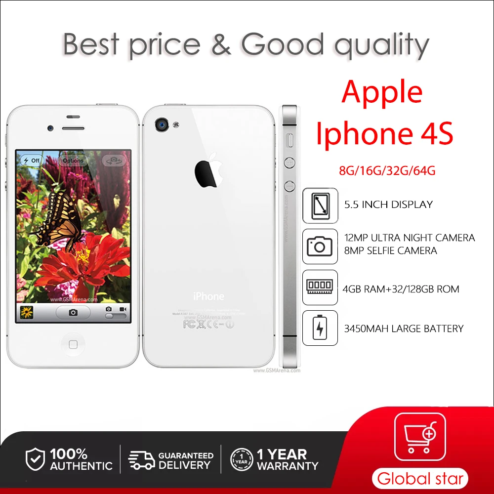 Original Apple Iphone 4s 3g Cellphone Unlocked Used 3.5'' Display A5 Dual Core 8mp Wifi Gsm ...