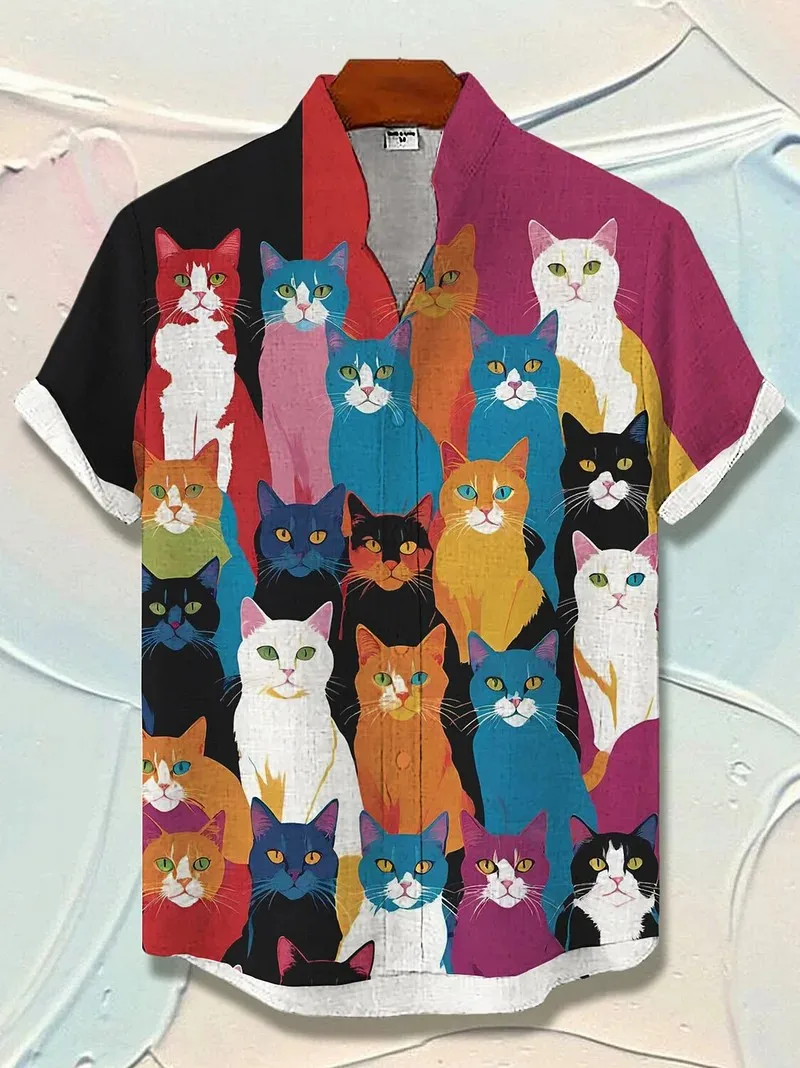 Men's Cat Graphics Shirts Short Sleeved Button Down Lapel Shirt For ...