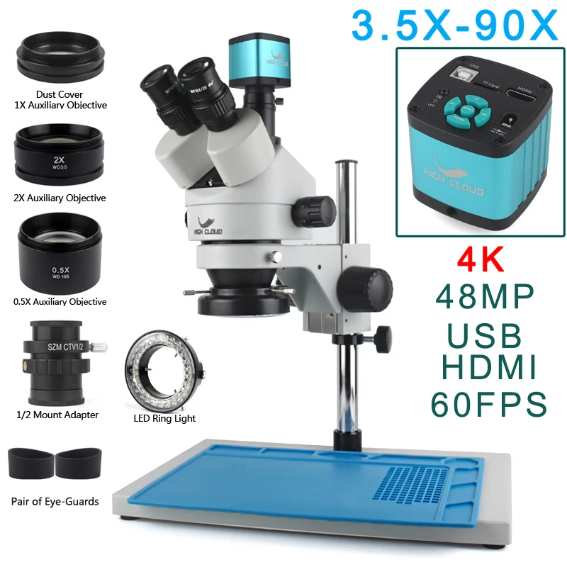 48MP 4K 2K HDMI USB VGA Microscopio Camera 3.5X-90X Simul-Focal ...