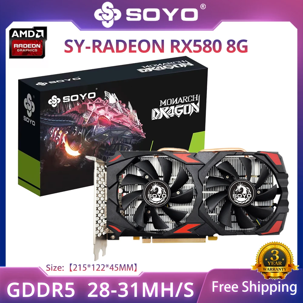 SOYO 오리지널 Radeon RX580 8G 그래픽 카드, GDDR5 메모리 비디오 게임 카드, PCIE3.0x16 HDMI ...