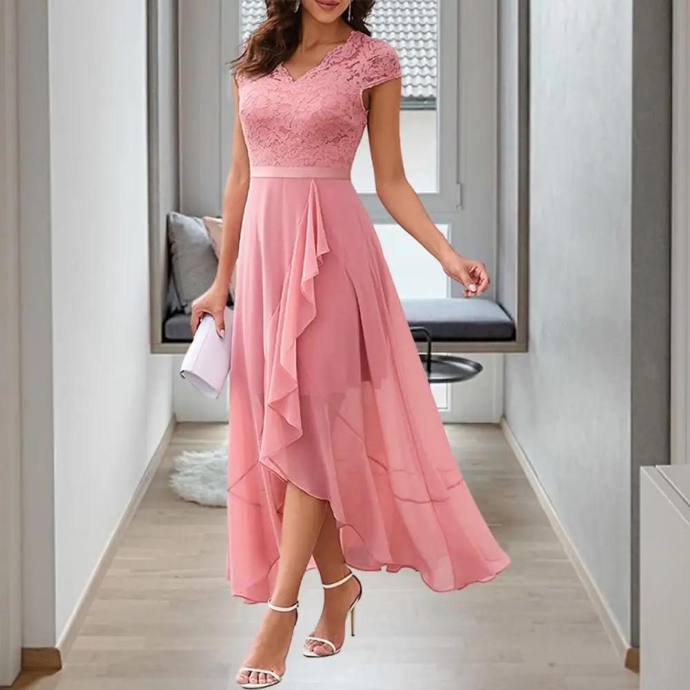 Women-Party-Dress-Lace-V-Neck-Ruffle-Sleeveless-Irregular-Hem-Dress-up ...