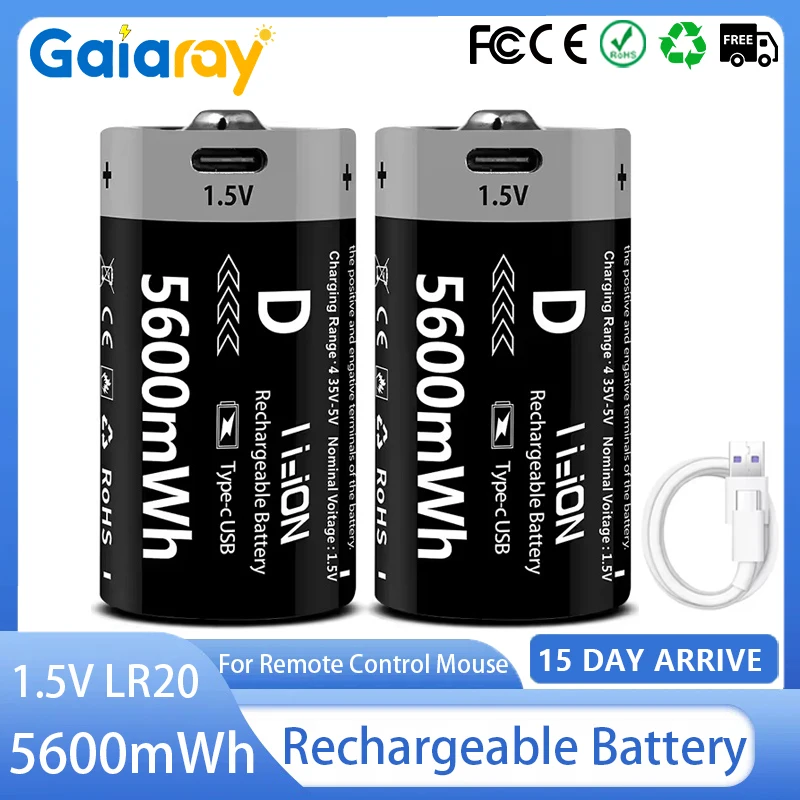 1.5V 5600mWh Rechargeable Battery USB Type-C High Capacity Batteries D ...