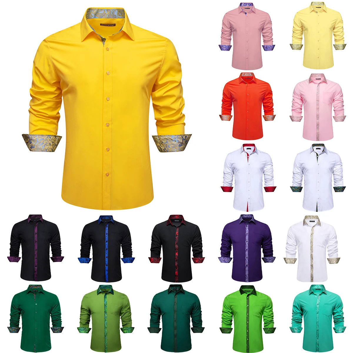 Luxury-Shirts-for-Men-Silk-Long-Sleeve-Pink-Gold-Yellow-White-Red-Green ...