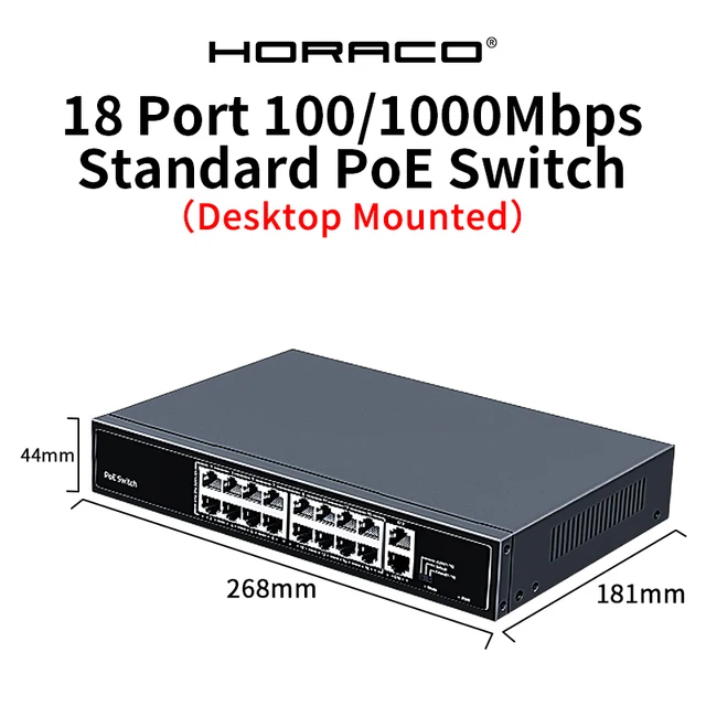 HORACO 18 Port POE Switch 16 Port 100MBase-T 2 Gigabit Uplink 200W 1U ...