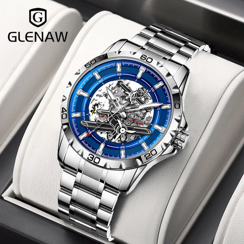 GLENAW New Pilot Series Men Watches Hollow Luxury Automatic Mechanical ...