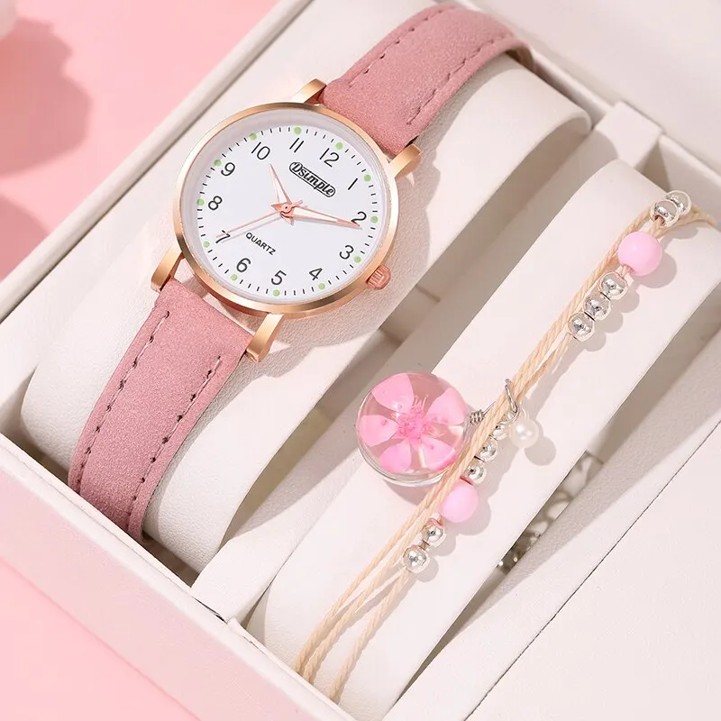 2PCS-Set-Luxury-Women-Quartz-Watch-Girls-Gift-Fashion-Pink-Leather ...