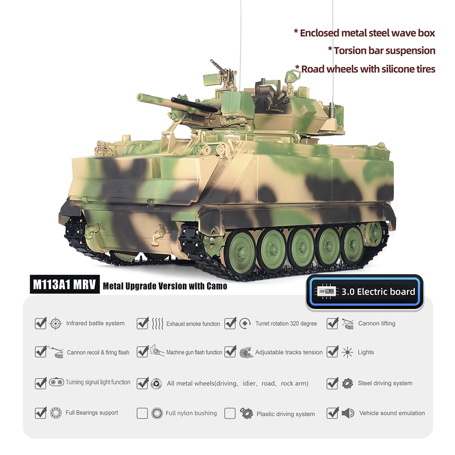 1/16 RC Panzer Tongde Radio Control Tank M2412-A M113A1 MRV Recoil Fire Flashing 320 Turret ...