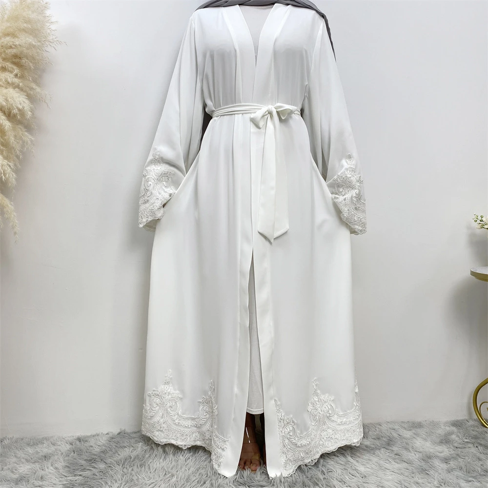 White Open Abaya Embroidery Appliques Kimono Muslim Women Islamic Clothes Dubai Turkish Modesty ...