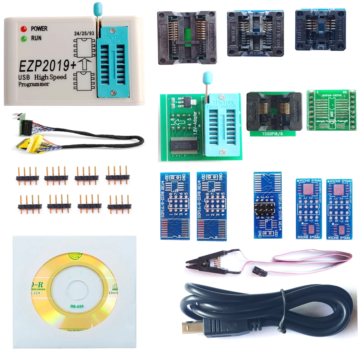 EZP2019+ 12 adapters High Speed USB SPI Programmer Support 24 25 93 EEPROM Flash Bios Chips can ...