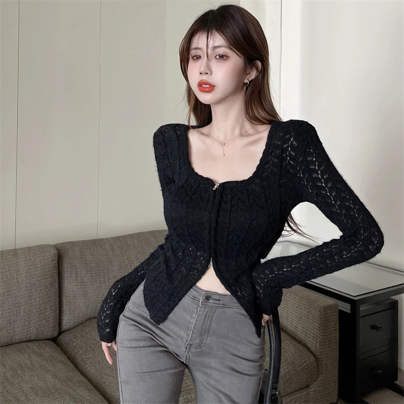 스퀘어 칼라 샌딩 긴 소매 레이스 셔츠 여성 가을과 겨울 신제품 틈새 레트로 슬림핏 집업 가디건 인스타 쇼트 탑