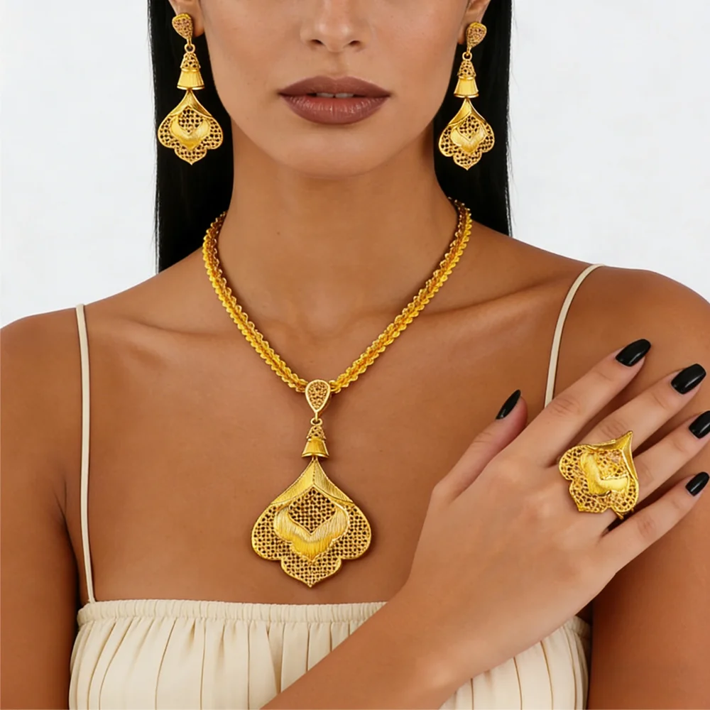 Luxury Shining Gold Plated Necklace Earrings Ring Women Jewelry Set ...