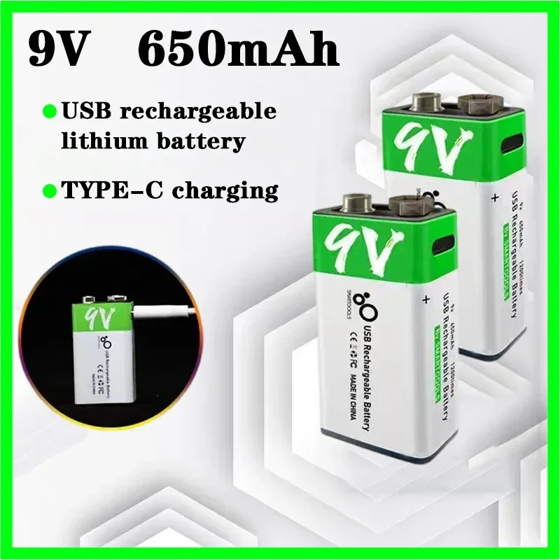 NEW-9V-650MAh-Rechargeable-Battery-USB-Lithium-Ion-Battery-TYPE-C-Port ...