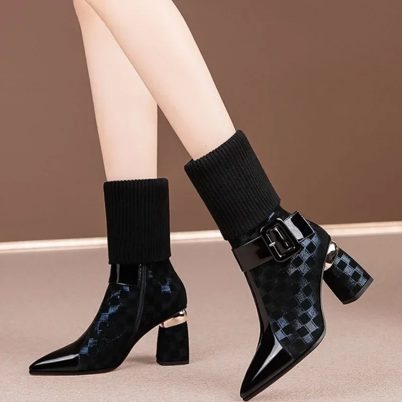Ladies-Shoes-2024-New-Style-Thick-Heel-Stretch-Fabric-Women-s-Boots ...