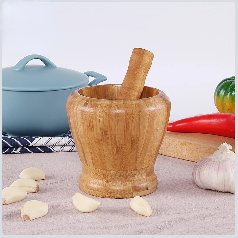 Bamboo Wood Mortar And Pestle Set With Lid Spoon Grinder Press Crusher ...