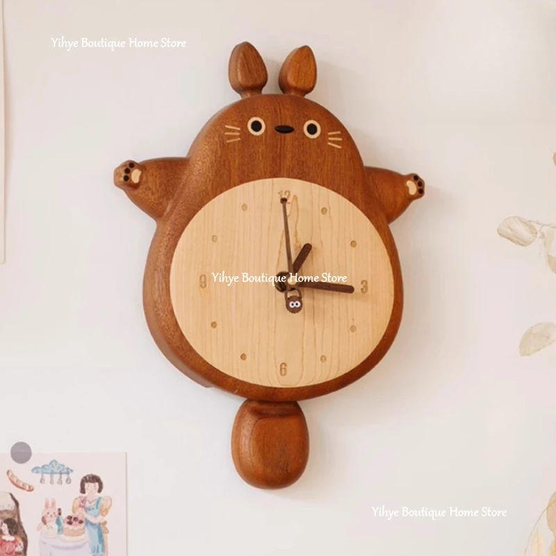 Creative Totoro Wall Clock Solid Wood Cute Living Room Pendulum Hanging ...