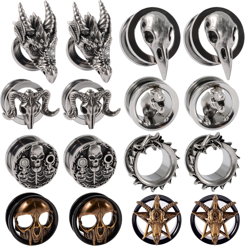 1PC Punk Stainless Steel Skeleton Ear Stretchers Tunnel External Thread ...
