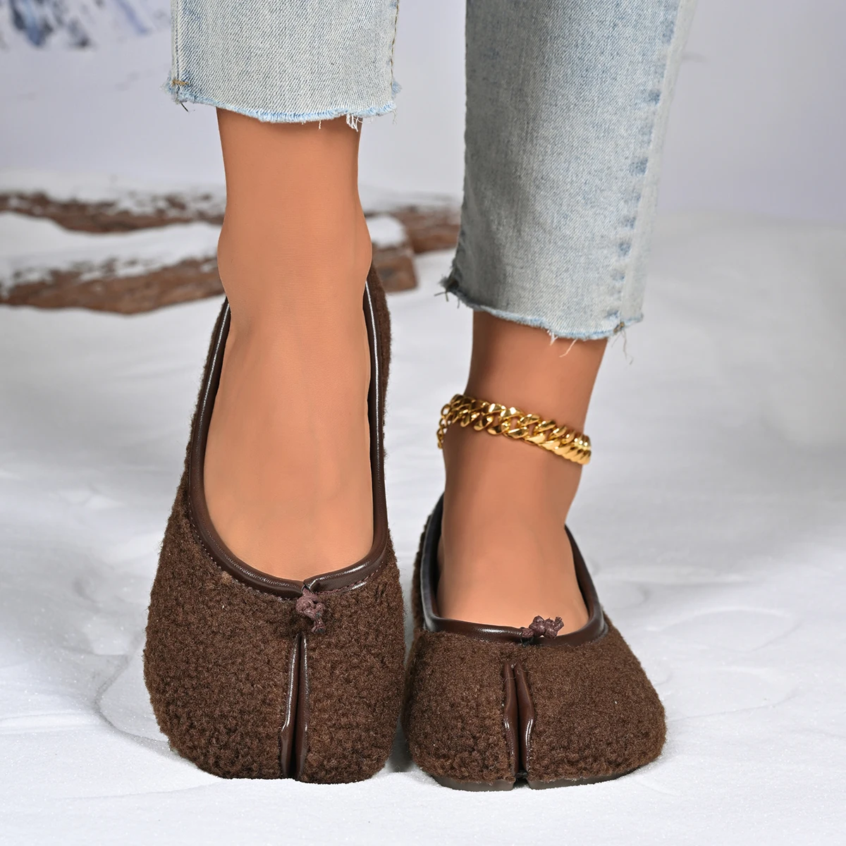 Soft flannel Split Toe Women Tabi Ninja Mary Janes Ballet Flats Winter ...