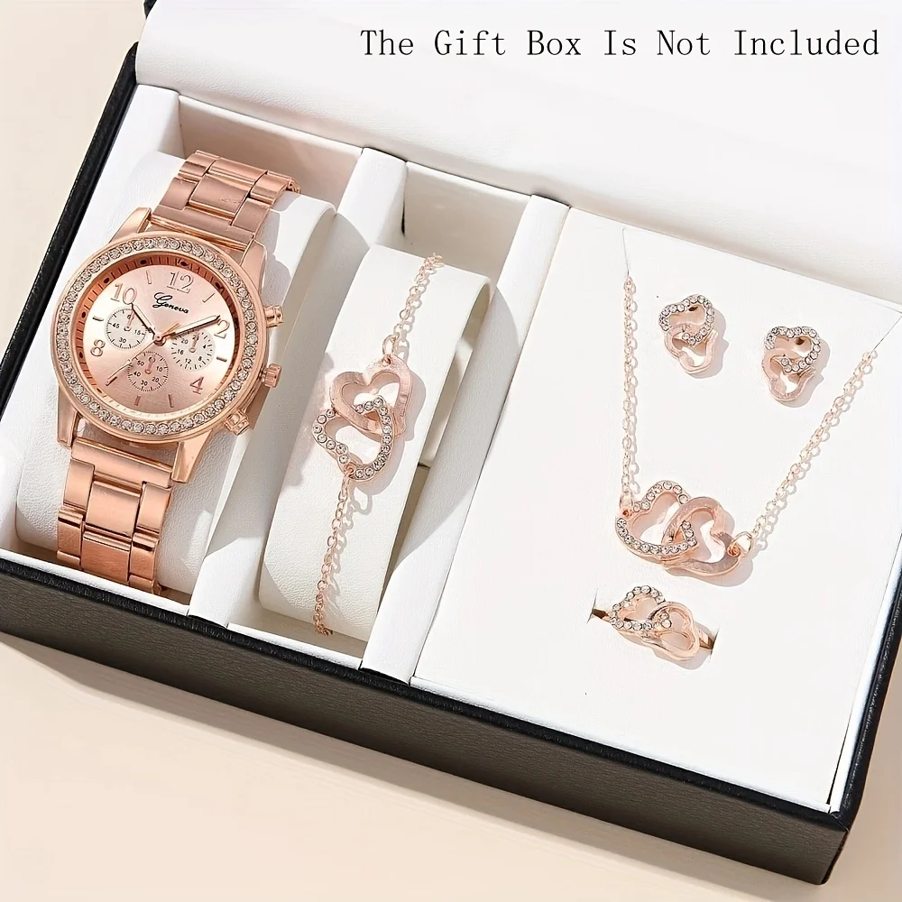 6PCS-Set-Rose-Gold-Luxury-Watch-Women-Ring-Necklace-Earring-Rhinestone ...