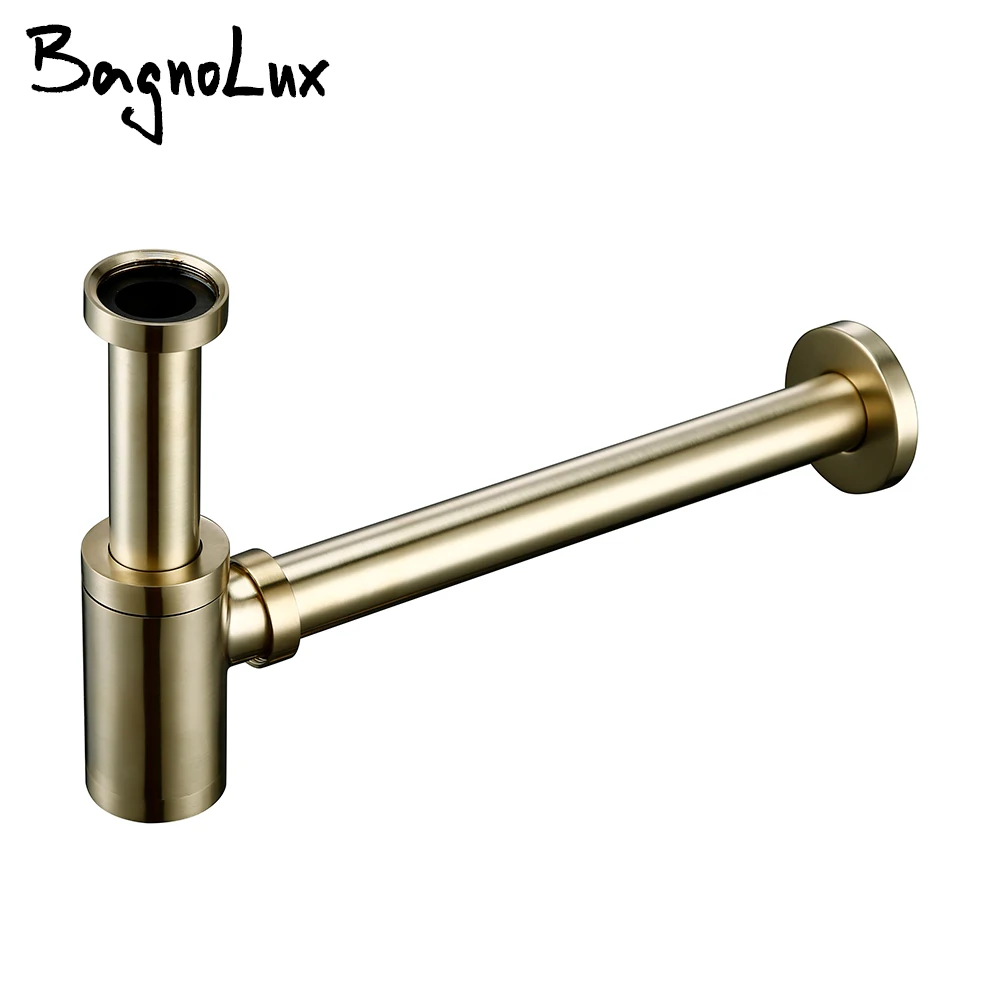 Brushed-Gold-Basin-Waste-Drain-Plumbing-P-Trap-Bathroom-Sink-Siphon ...